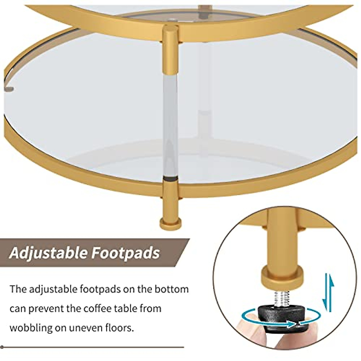 OIOG 2 Tier Coffee Table with Acrylic Legs，32.3" Wide Round Coffee Table with Glass Top, Modern Center Table for Living Room, Studio Apartment，Glass/Gold