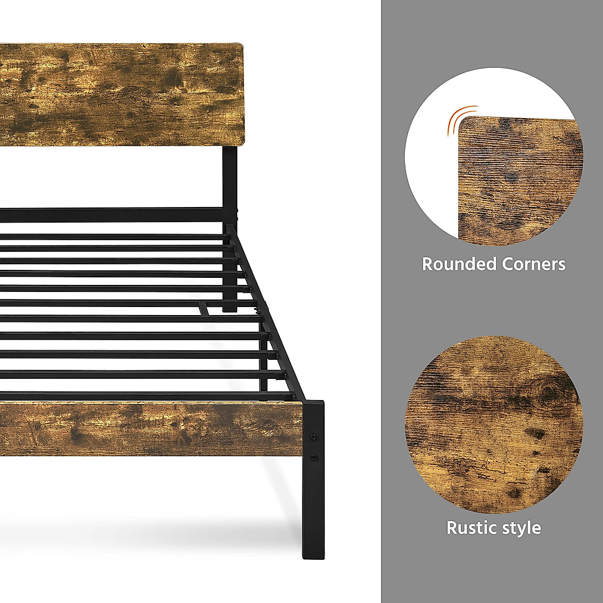 Yaheetech Metal Platform Bed Frame Twin with Wood Headboard and Iron Slats, Rustic Country Bed Base with Mattress Foundation/Strong Slats Support/12 Inch Underbed Storage/No Box Spring Needed, Brown