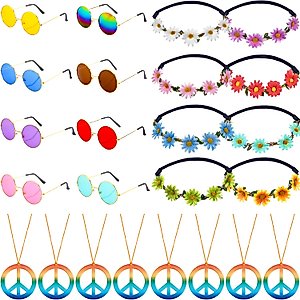 Frienda 24 Pieces Hippie Costume Accessories 60s 70s Party Decorations Hippie Set Includes Peace Sign Necklaces Daisy Sunflower Headbands Retro Sunglasses for Birthday Halloween Party Supplies