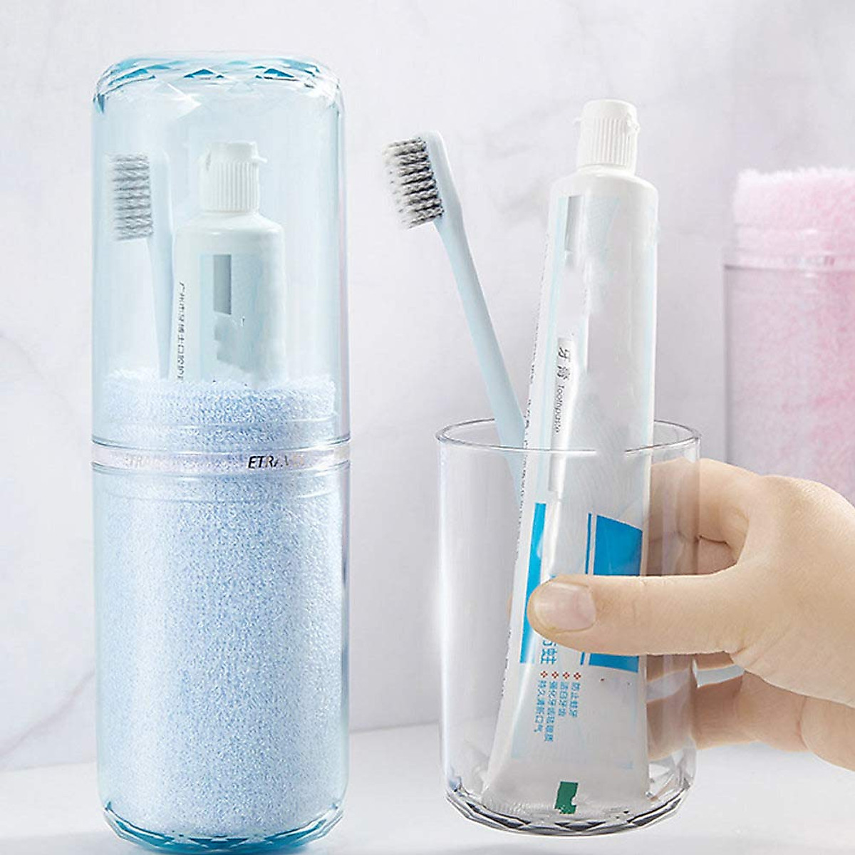 DOITOOL Travel Toothbrush Case Clear Plastic Toothbrush Toothpaste Holder Container Portable Toothbrush Cup Organizer Travel Washing Cup for Camping Travel Business Blue