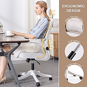 XUEGW Ergonomic Office Chair Comfort Home Desk Chair Adjustable High Back Mesh Chair Lumbar Support Computer Chair with Flip-up Arms for Work, Study, Gaming,White Mesdh Chair