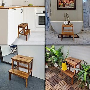 Solid Wooden Utility Step Stool for Adult,Sturdy Acacia Wood 2 Steps Ladder Bedside Step Helper for Kitchen,Bathroom,Bedroom,350lb Load Capacity (Natural)