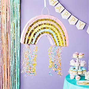 Rainbow Pull String Pinata for Pastel Birthday Decorations, Gender Reveal Party Supplies (Small, 16.5 x 10 x 3 In)