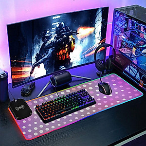 Rainbow Polka Dot Wireless Charging Mouse Pad for Mobile Phone Extra Large Gaming Mousepad with 13 Lighting Modes Computer Mat for Gaming MacBook PC Laptop Desk Office Home
