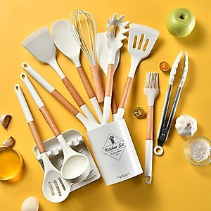 12 pcs Silicone Cooking Utensils Kitchen Utensil Set with Holder Heat Resistant Silicone Spatula Turner Set Wooden Spoons Kitchen Gadgets Tools Cooking Utensils for Nonstick Cookware (White)