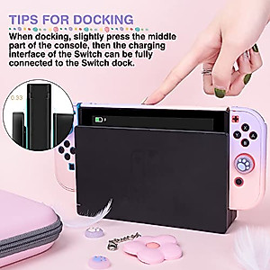 DLseego Pink and Purple Switch Case Set Gradient Carrying Case with 10 Slots Cute Protective Dockable Hard Shell with 4PCS Glitter Cat Paw Thumb Grips Caps and 1PC Flower Blossom Chain For Switch 2017