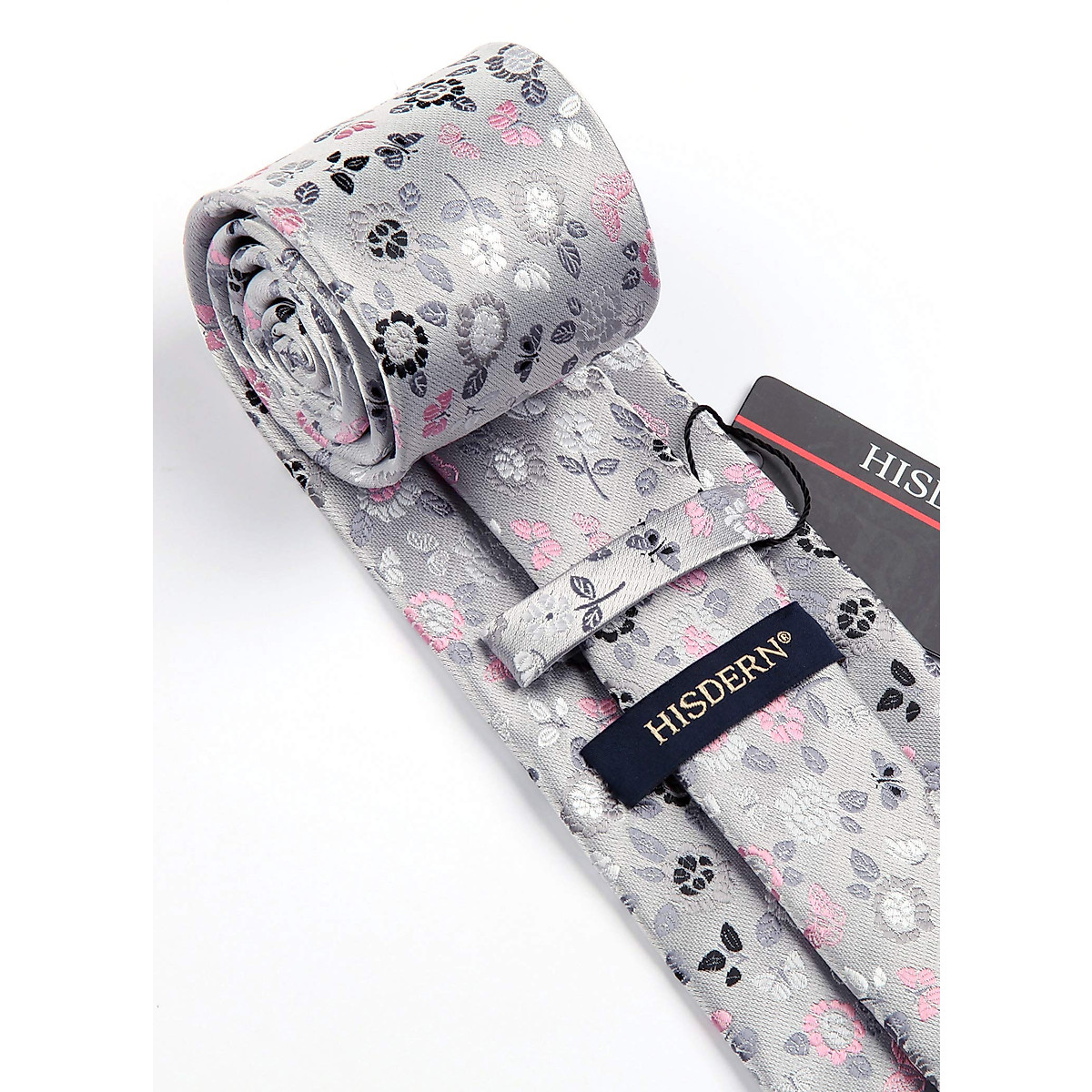 HISDERN Check Floral Dot Tie Handkerchief Wedding Party Woven Classic Men's Necktie & Pocket Square Set,Gray & Pink,One Size