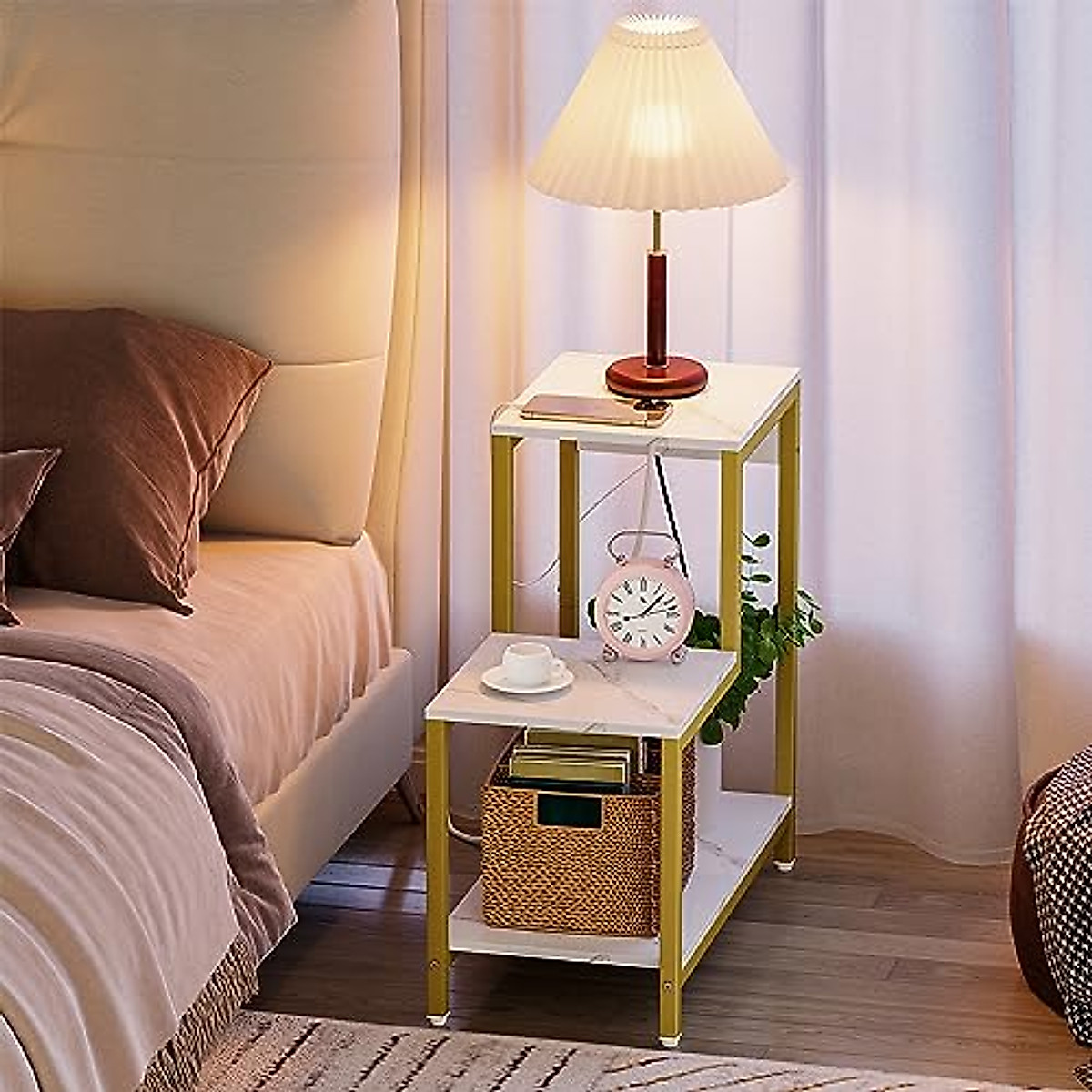 Snughome End Table with Charging Station, Narrow Side Table, 3 Tier Modern Nightstand with USB Ports and Outlet, Sofa Beside Table for Living Room, Bedroom，White and Gold