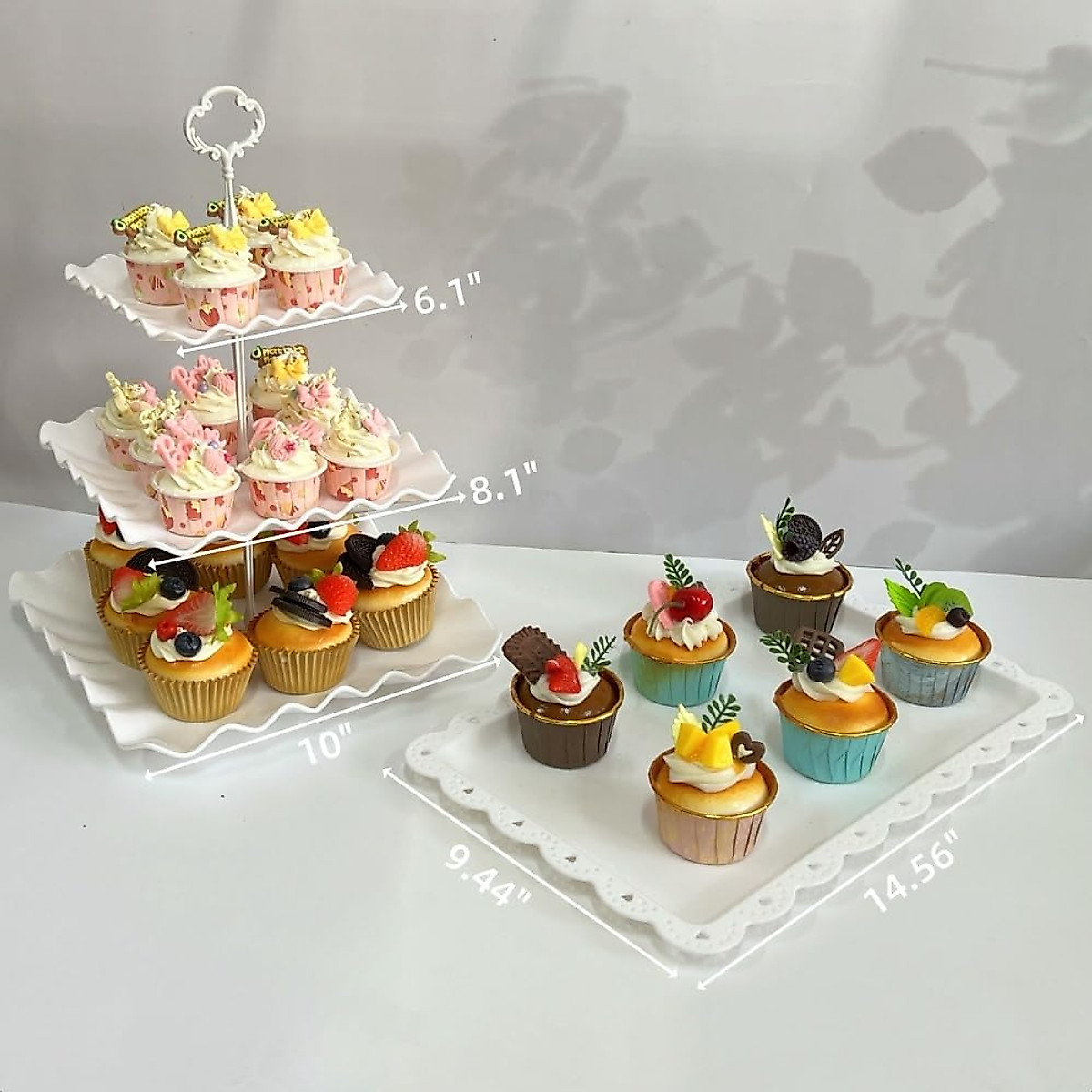 5 Pcs Cupcake Stand Set - Plastic Dessert Table Display Set, 2 White Square 3 Tier Cupcake Display Stands Cookie Tray Rack Serving Tower & 3X 14 in Plastic Trays for Wedding Baby Shower Tea Party