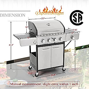 Captiva Designs 4-Burners Propane Gas BBQ Grill with Side Burner & Porcelain-Enameled Cast Iron Grates, 42,000 BTU Output Stainless Steel Grill for Outdoor Cooking Kitchen and Patio Backyard Barbecue