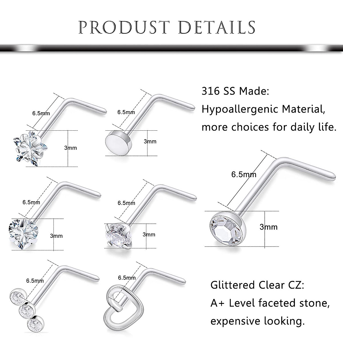 Hoeudjo 20G Nose Rings Surgical Steel Nose Ring Studs Heart CZ Inlaid Piercing Jewelry for Women Men Girls