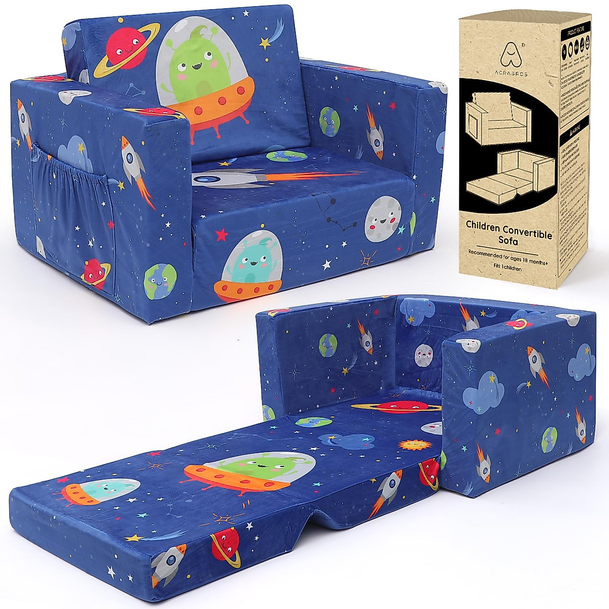 ACRABROS Kids Couch: Toddler Sofa Bed Fold Out for Gilrs Boys Baby Flip Out Convertible Lounge Chair Space