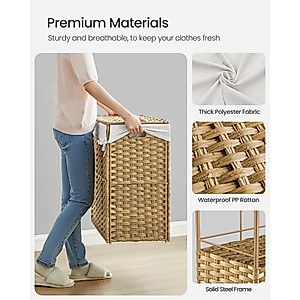SONGMICS Laundry Hamper with Lid, 42.3 Gallons (160 L), Rolling Laundry Basket with Wheels, 3-Section Synthetic Rattan, Removable Liner, Bedroom, 27.6 x 14.2 x 26 Inches, Natural ULCB365N01