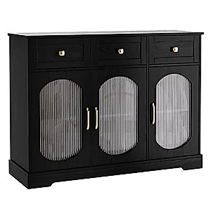 HIFIT Black Sideboard Buffet Cabinet with Storage 47.2"W Kitchen Storage Cabinet with 3 Glass Doors and 3 Drawers, Coffee Bar Cabinet for Kitchen, Dinning Room, Living Room, 47.2"W x 15.6"D x 35.3"H