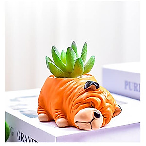 Cute Shar Pei Sleeping Pet Flower Pot with Drainer Garden Flower Pot Resin Succulent Potted Bonsai Plant Stand Home Desk Mini Decoration Balcony Gardening Flower Pot Does Not Contain Plants