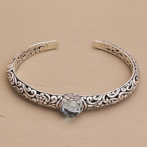 NOVICA Artisan Handmade Blue Topaz Cuff Bracelet Silver Fair Trade Artisan Crafted Sterling Indonesia Floral Birthstone [6 in L (end to End) x 0.3 in W] ' Forest Nymph'
