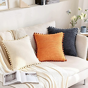 ANRODUO Pack of 2 Cream White Boho Decorative Pillow Covers with Pom-poms Pillow Covers 18x18 Corduroy Cushion Case Cute and Soft Square Throw Pillows for Bed Couch Sofa Living Room Fall Home Decor