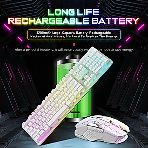 2.4G Wireless Gaming Keyboard and Mouse,Type C/USB Dual Receiver,RGB LED Backlit,Rechargeable 4200mAh,Full Size Mechanical Feel,Silent Mice,Mouse Pad for PC,Laptop,Smartphone,PS4,PS5,Xbox(White)