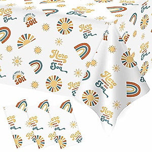 Lopeastar 3 Pieces Here Comes The Son Baby Shower Decorations Tablecloths, Large Size 54 x 108 Inch Rectangular Plastic Boho Sun Party Table Cover, Sunshine Table Cloths for Boys Kids
