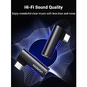 UGREEN USB C to 3.5mm Audio Adapter Type C Aux Headphone Jack DAC Stereo Mic HiFi Right Angle Earphone Dongle Compatible with iPad Pro Air 5 4 Mini 6, Galaxy S23 Ultra S22 S21 S20, Pixel 7 Pro, Black