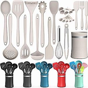 Silicone Cooking Utensil Kitchen Utensil Set, 24 Pcs Non-stick Cooking Utensils Spatula Set with Holder by AIKKIL, Heat Resistant Kitchen Gadgets Tools Set for Cookware(Khaki) Roll over image to zoom