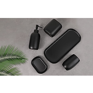 Bathroom Accessories Set, FoverOne 5-Piece Resin Vanity Counter Accessories Set Complete with Toothbrush & Toothpaste Holder, Tumbler, Vanity Tray, Lotion Dispenser, and Soap Dish - Matte Black