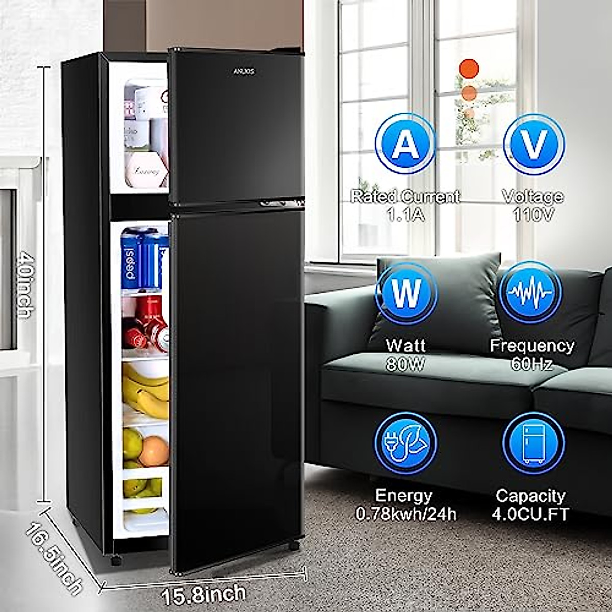 Anukis Compact Refrigerator 4.0 Cu Ft 2 Door Mini Fridge with Freezer For Apartment, Dorm, Office, Family, Basement, Garage, Black