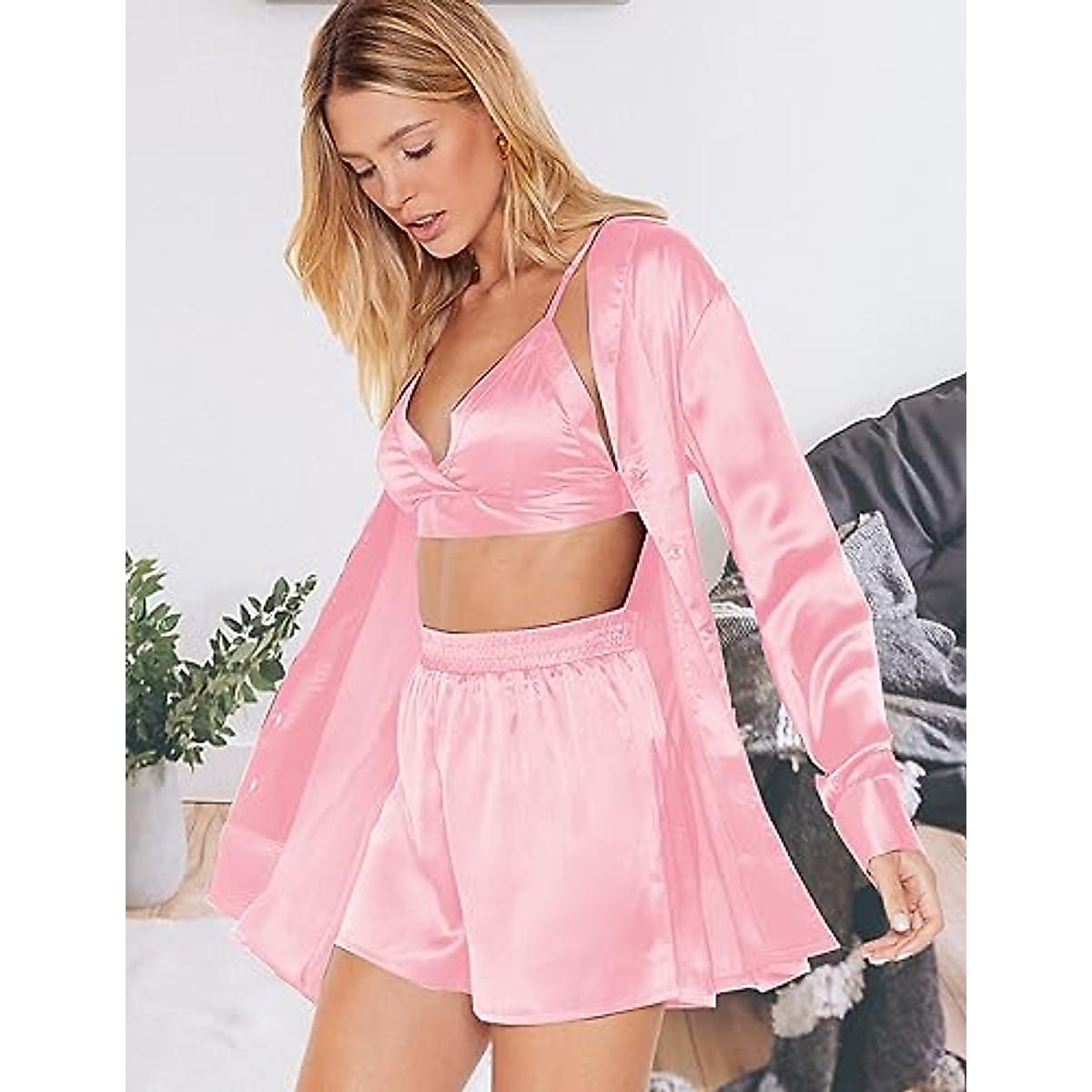 SWOMOG Casual Pink Outfits Button Down Pajamas Pjs Women's Silk Satin Long Sleeve Shirts and Shorts 2 Piece Lounge Sets