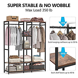 Tribesigns Double Rod Free standing Closet Organizer,Heavy Duty Clothes Closet Storage with Shelves, Extra Large Wardrobe Clothes Garment Rack, Shelving Unit Capacity 500 lb, (Vingtage Dark Walnut)
