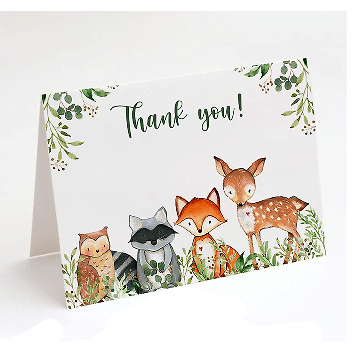 50 Woodland Thank You Cards, 4x6" Forest Animals Thank You Notes with Matching Green Envelopes & Stickers, Greenery Notecards, Woodland Baby Shower Thank You Cards