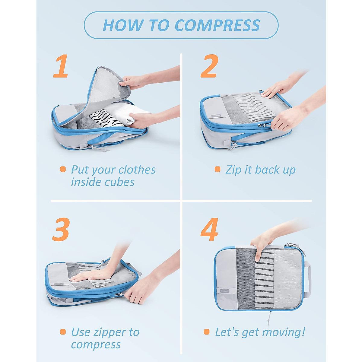 BAGSMART 6 Set Compression Packing Cubes for Travel, Lightweight Vacation Travel Essentials, Travel Accessories for Suitcase Organizer Bags Set, Durable Luggage Organizer Travel Bags