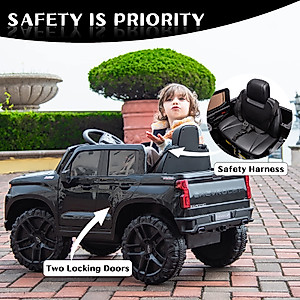 Bopilon 12V Electric Car for Kids,Licensed Chevy Silverado Truck Kids Ride On Car with Remote Control Battery Powered Electric Vehicle Toy Car, 4-Wheeler Suspension, Music& Lights, 3 Speeds(Black)