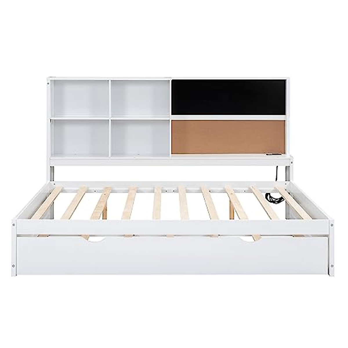 BOVZA Wooden Full Size Daybed with Twin Trundle, USB Ports, Storage Shelves, Blackboard, Cork Board, White