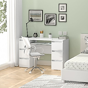 Furniwood Computer Desk with 6 Drawers,Home Office Desks with Storage,47 Inch Writing Wood Desk with Drawers PC Laptop Vanity Makeup Desk,Work Study Table Desk for Bedroom Office,White