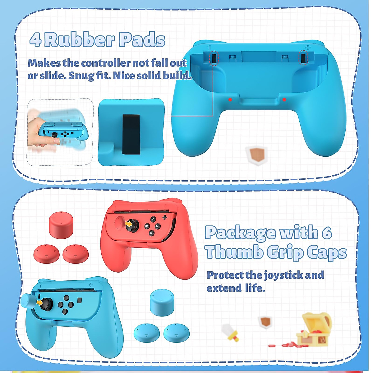 FastSnail Grips Compatible with Nintendo Switch Joy-Con, Wear-Resistant Handle Kit Compatible with Switch Joy Cons Controllers, 2 Pack (Blue and Red)
