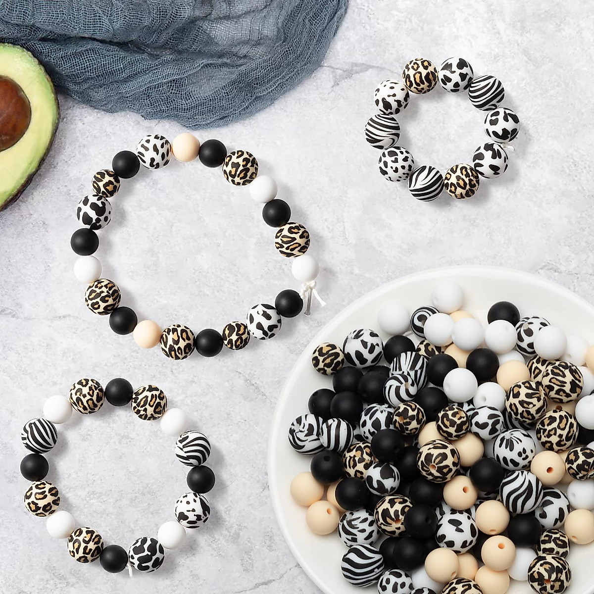 121Pcs Silicone Beads 12mm Necklace Silicone Beads Keychain Earring Making Leopard Cow Print Silicone Round Beads and 15mm Round Shaped Beads for Jewellery Making DIY Crafting