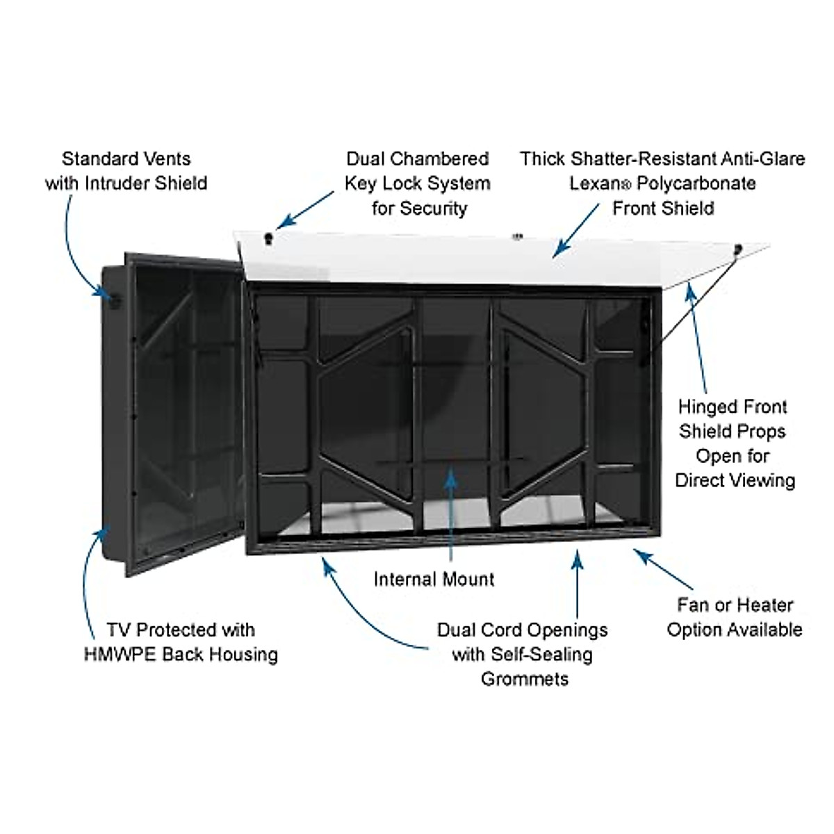 The TV Shield 52-55" Anti-Glare Outdoor TV Enclosure, Combo Pack (Full Motion Mount, and Fan), (2nd Generation), Fits 52-55" Television