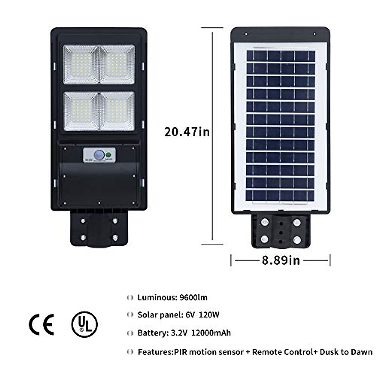 120W Solar Street Light Dusk to Dawn,Parking Lot Lights 18000mAH Iron Phosphate Battery LED Outdoor Lighting,9600Lm Light/PIR Motion Sensor for Garage,Patio,Garden,Driveway