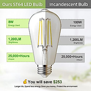 WIHTU Dimmable Vintage LED Edison Bulbs, 8W Equivalent 100W, ST64 Antique LED Filament Bulbs, LED Light Bulbs with 95+ CRI, Warm White 2700K, 1200lumens, E26 Medium Base, Clear Glass, Pack of 4
