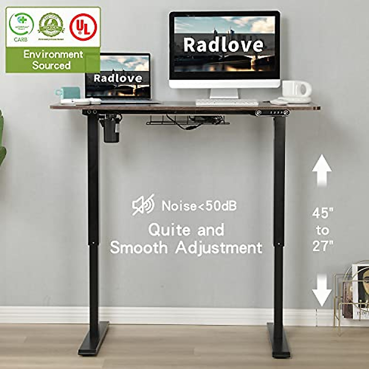 Radlove Electric Standing Desk 48 x 24 Inches, Height Adjustable Computer Desk Sit Stand Desk Home Office Desks with Splice Board and A Under Desk Cable Management Tray, Rustic Brown Top/Black Frame