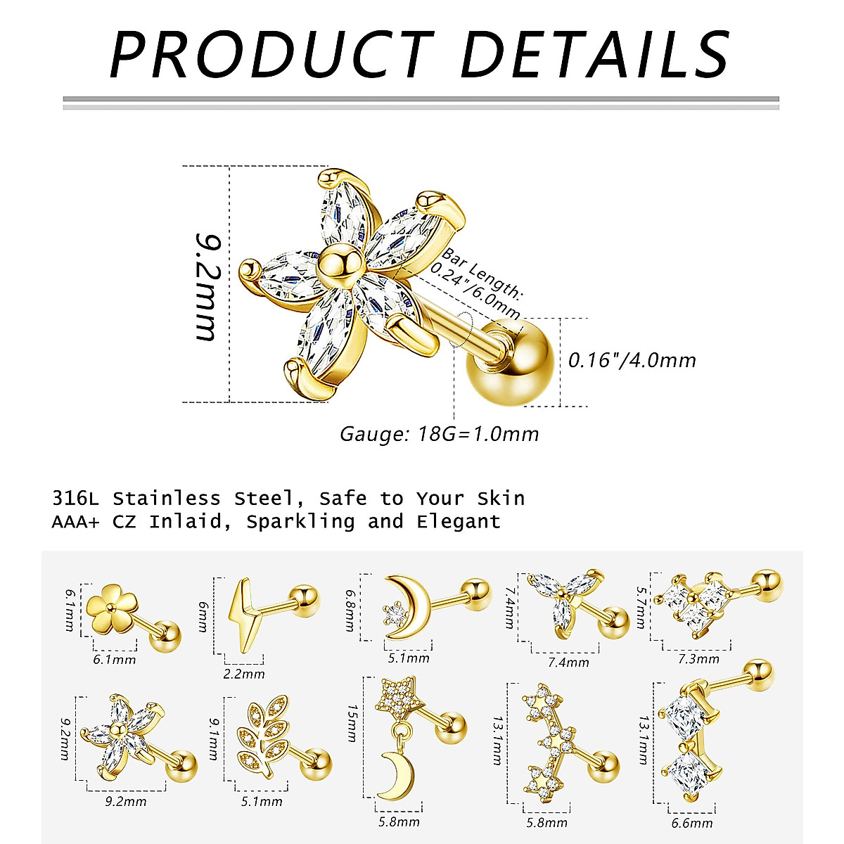 Magitaco 10Pcs 18G Cartilage Earrings Stainless Steel Moon Star Flower Tragus Earrings Conch Helix Piercing Jewelry for Women