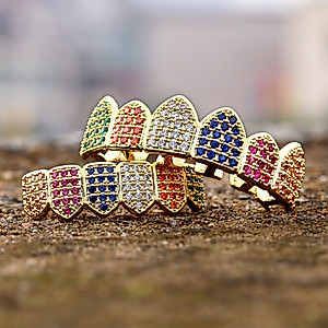 KMASAL LC8 Jewelry Hip Hop Unisex Men 18K Gold Plated Rainbow Iced Out CZ Simulated Diamond Top and Bottom Teeth Grillz Set for Women (Gold)