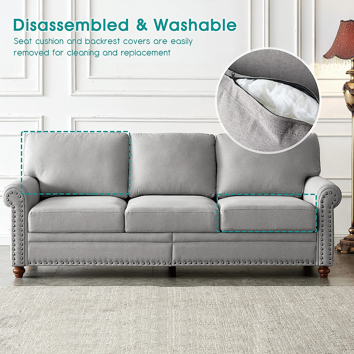 CALABASH 3 Seater Couch Sofa, Modern Upholstered Sofa with Classic Nails & Seat Cushion Backrest Removable for Living Room, Bedroom, Apartment, 83Inch(Grey Fabric)
