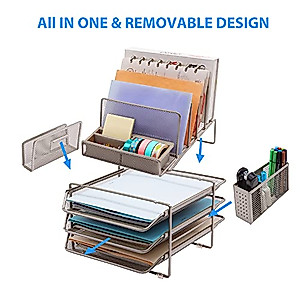 DESIGNA Stackable Mesh Desk Organizer with 3 Sliding Letter Trays 4 File Holders 2 Side Compartments & Pencil Holder Non-slip All In One Desktop Accessories Organizers Office Storage, Champagne