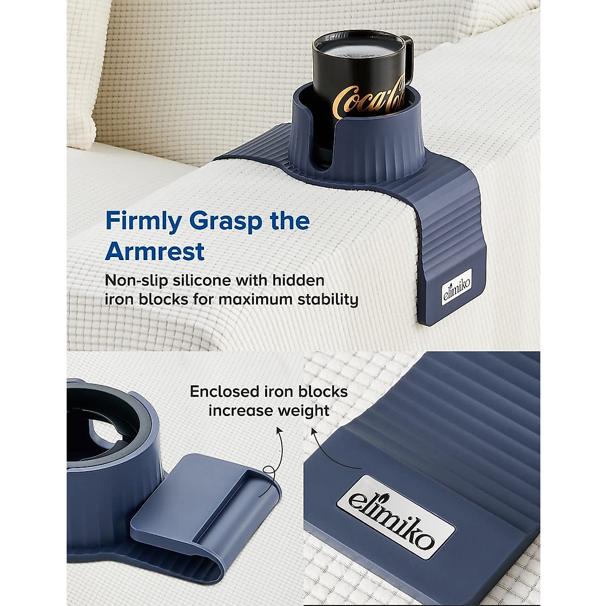 Couch Cup Holder, Elimiko Silicone Sofa Drink Holder with Upgrade Large Cup Holder, for Oversized Mug/Cup/Tumbler/Drink/Coffee/Bottle/Cans, Gifts for Mom, Dad, Husband, Grandma, Grandpa (Navy Blue)