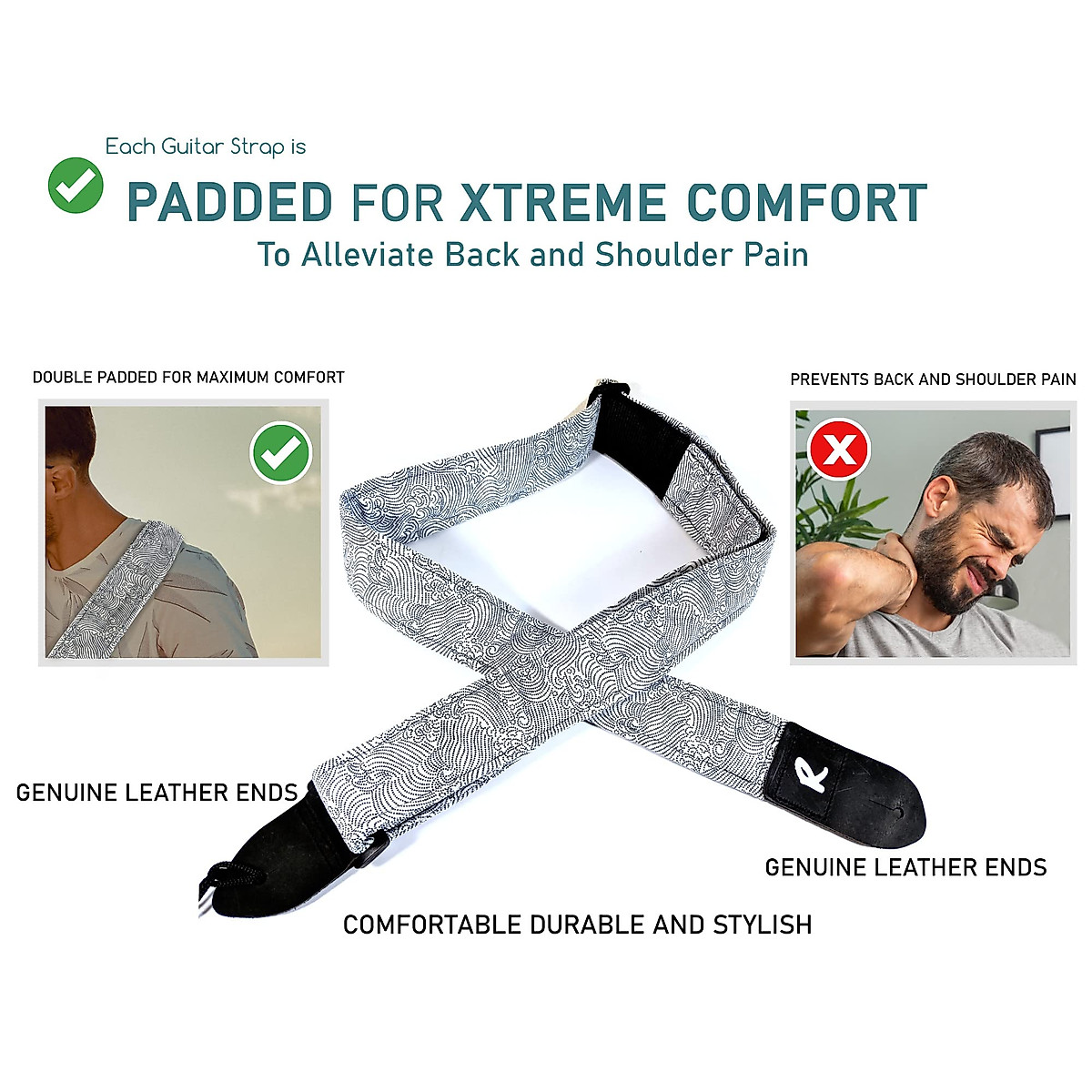 Jesus Guitar Strap, Black and White Genuine Leather Ends, Includes 2 Strap Locks & 1 Pick. Adjustable Strap, For Bass, Electric & Acoustic Guitars Gift for Guitar Players Men, Women & Kids