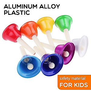Alnicov Music Hand Bell Rhythm Band Beginners Play Hand Bells,8 Sound,8 Color Musical Bell for Senior,Teacher,Desk Bell Metal Hand Bells Set (one set of 8 notes)