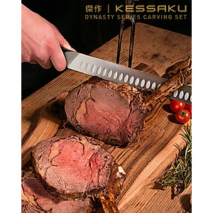 KESSAKU 12-Inch Carving Slicing Knife & 7-Inch Meat Fork Set - Dynasty Series - Forged ThyssenKrupp German HC Steel Granton Edge - G10 Resin Full Tang Handle with Blade Guard