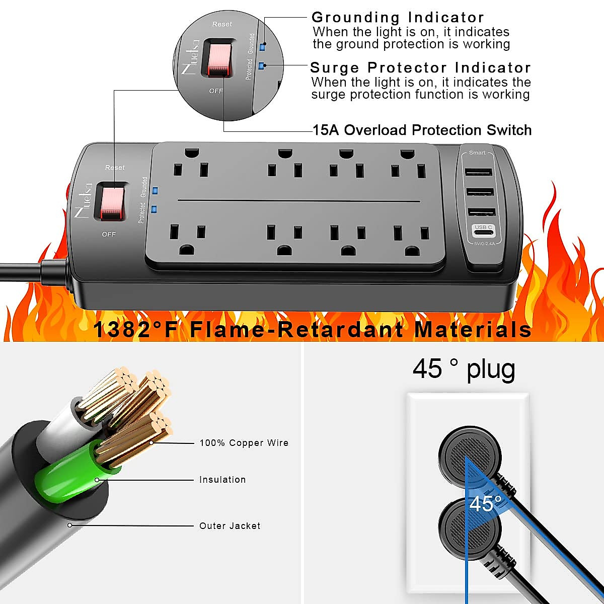 Nuetsa Surge Protector Power Strip with USB and 8 Outlets
