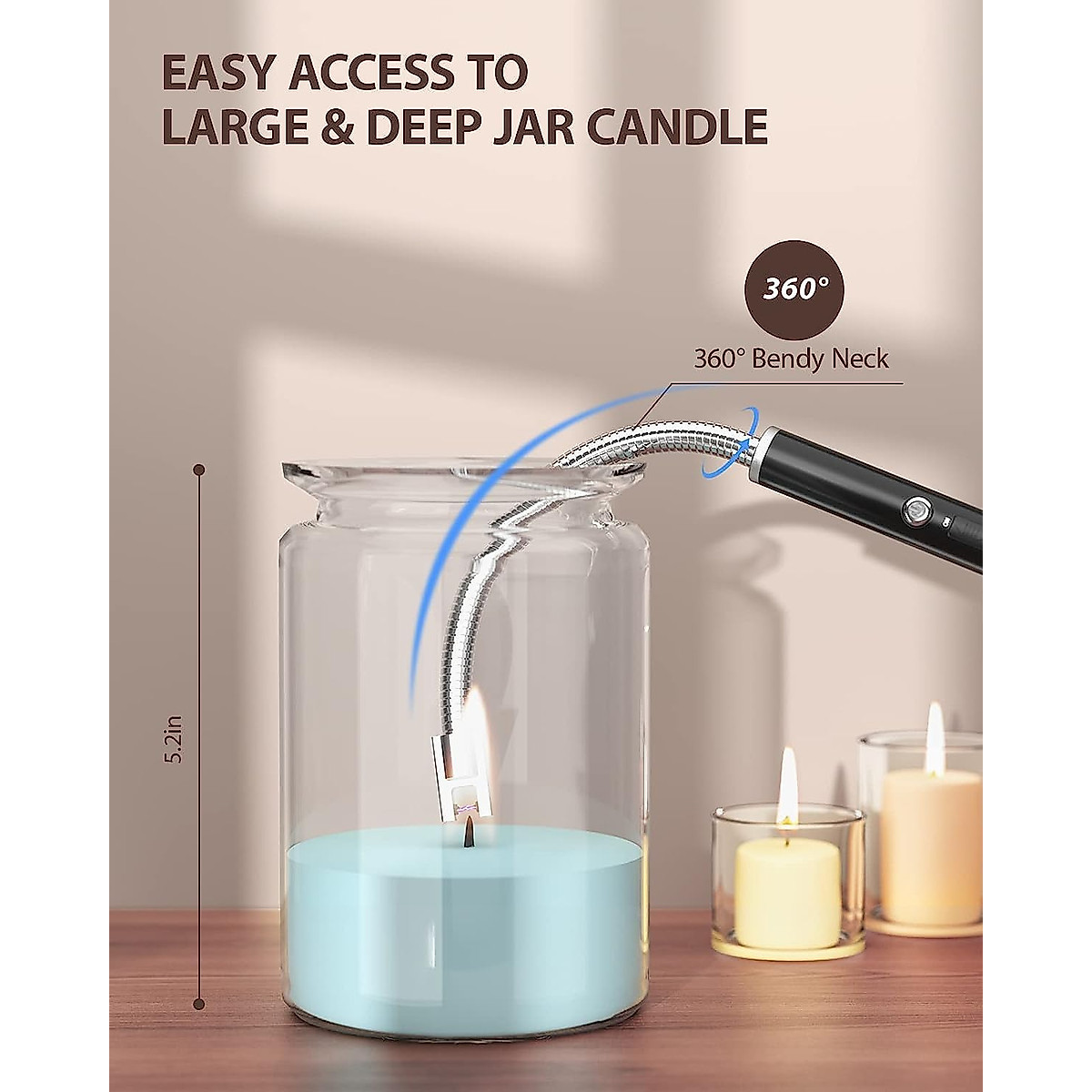 RONXS Candle Lighter, Electric Lighter, Rechargeable Type C Lighters Arc Lighter with LED Battery Display, Flameless Long Lighters for Candles Grill BBQ Camping (Black)